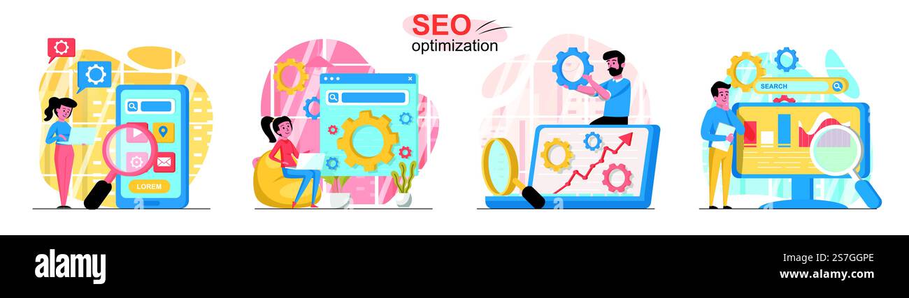 Seo optimization concept scenes set. Analytics team setting search, analyzes data, increases ...