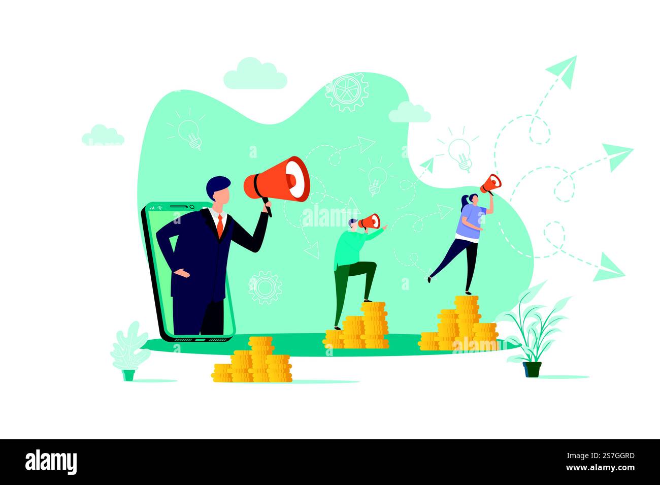 Referral marketing concept in flat style. Marketer announce in megaphone scene. Promoting in ...