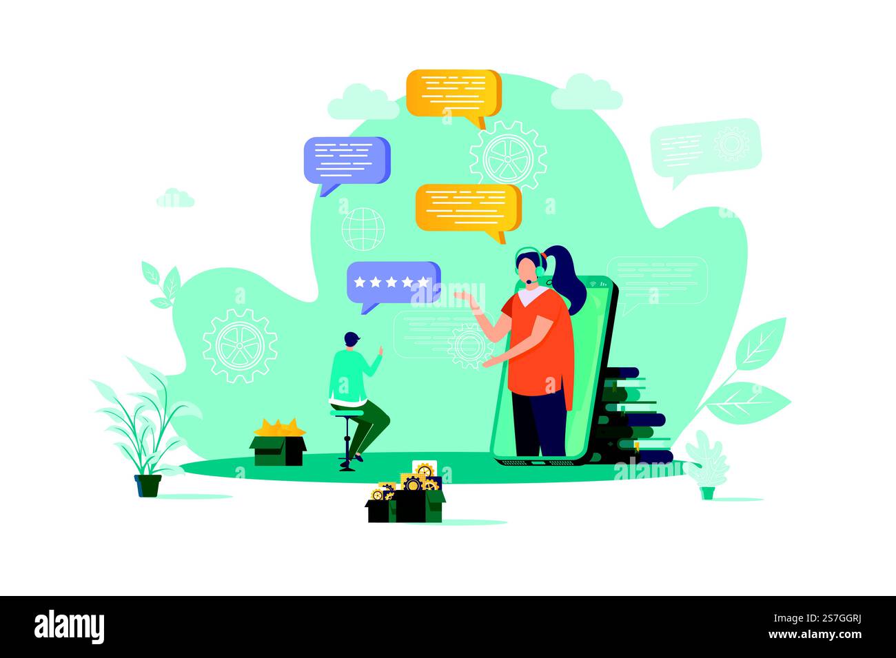 Customer support concept in flat style. Client talking with support operator scene. Call center ...