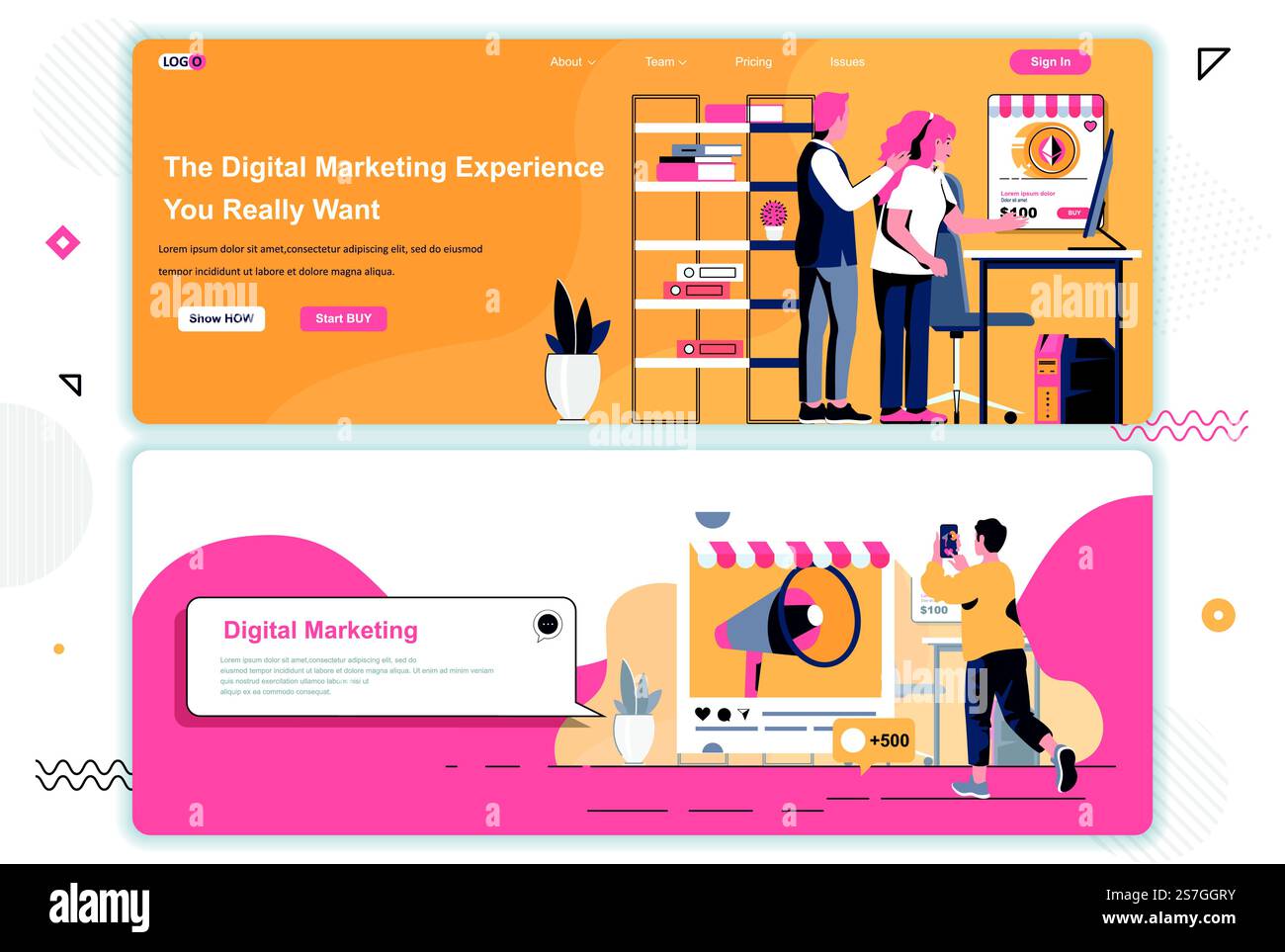 Digital marketing agency landing pages set. Marketing research, promotional campaign corporate ...