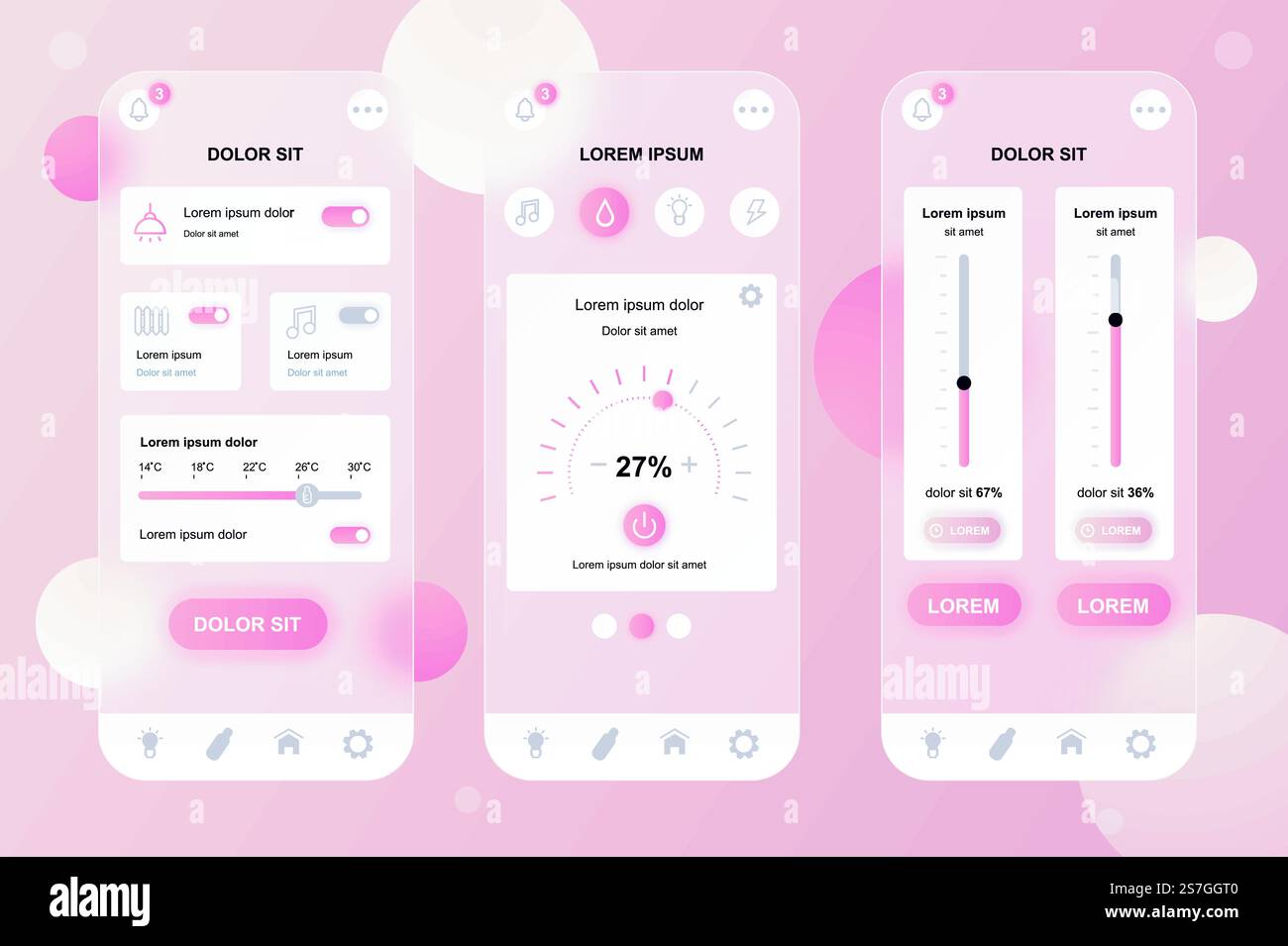 Smart home neumorphic elements kit for mobile app. Settings for light sensors, heating ...