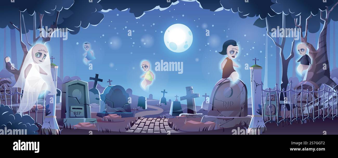 Halloween graveyard landing page. Night cemetery with flying ghosts ...