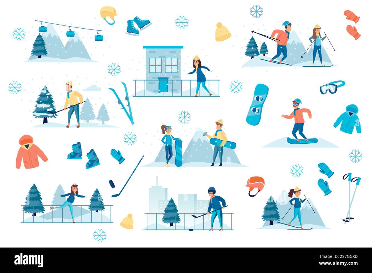 Winter sports bundle of flat scenes. People play hockey, skating and ...