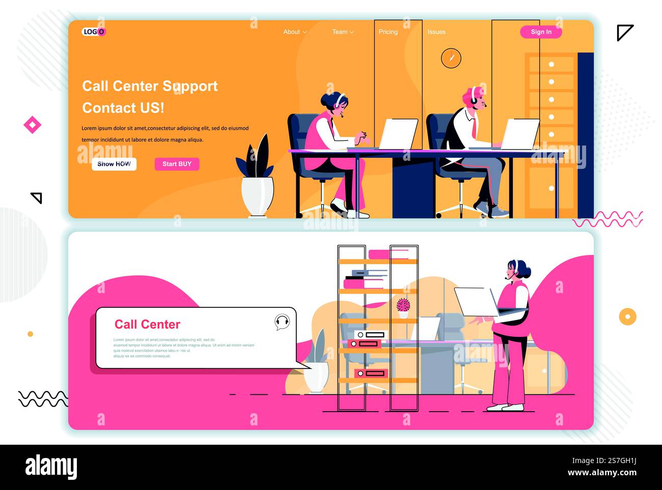 Call center landing pages set. Online hotline, customer assistance ...