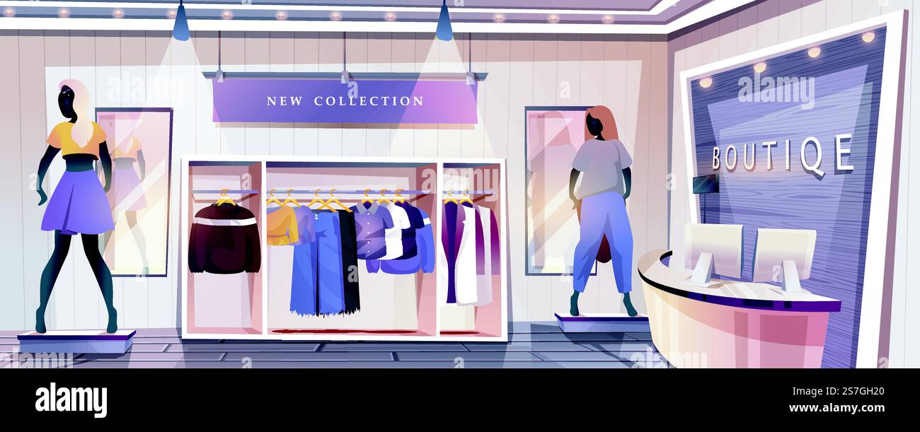 Boutique shop landing page. Clothing store interior with wardrobes with ...