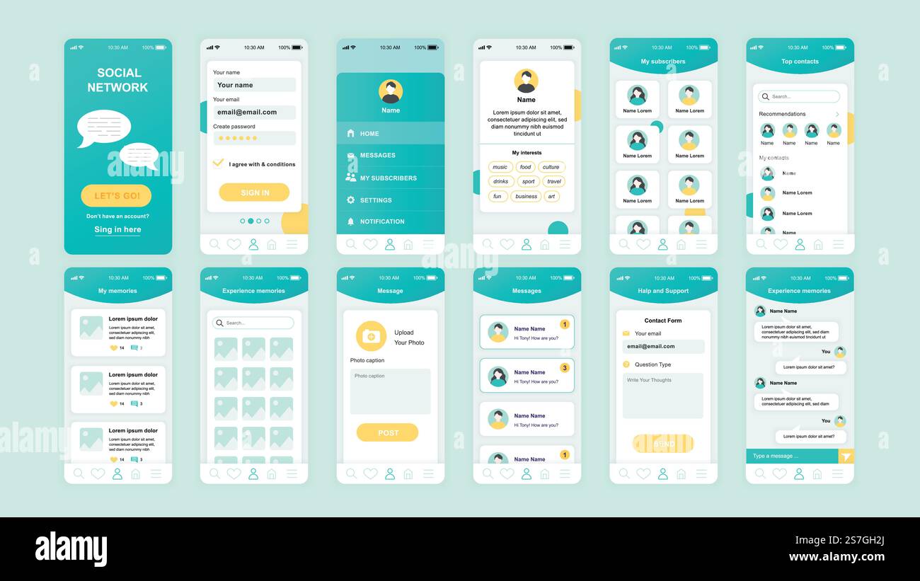 Set of UI, UX, GUI screens Social Network app flat design template for ...