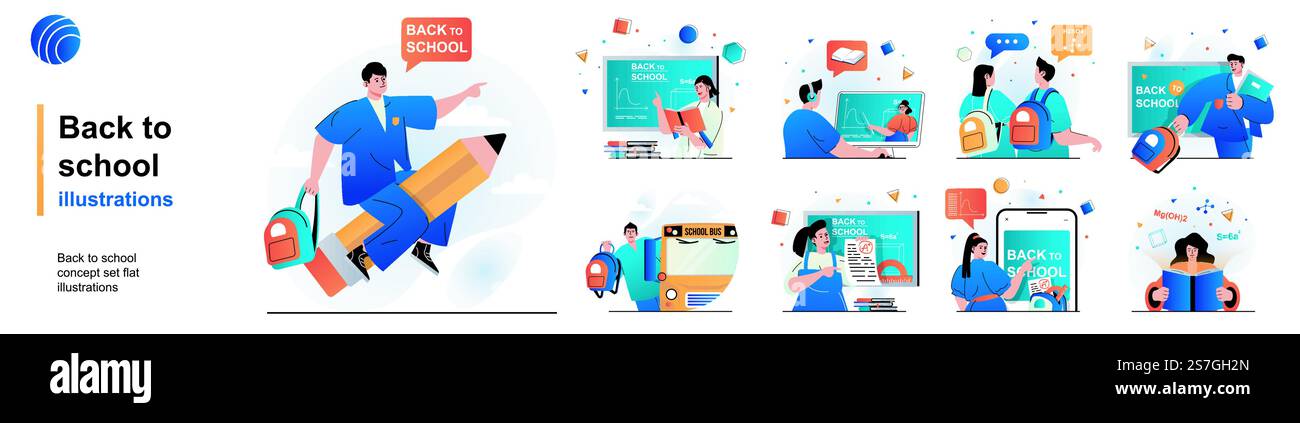 Back to school isolated set pupils learning in lessons hi-res stock ...