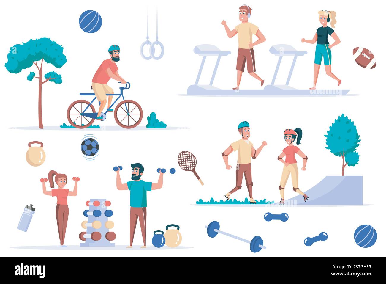 Fitness activity isolated elements set. Bundle of sportive people on treadmills, cycling or ...