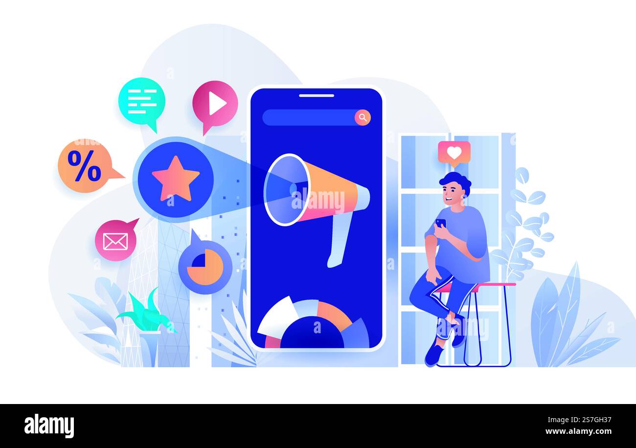 Mobile marketing concept in flat design. Promoting products or services ...