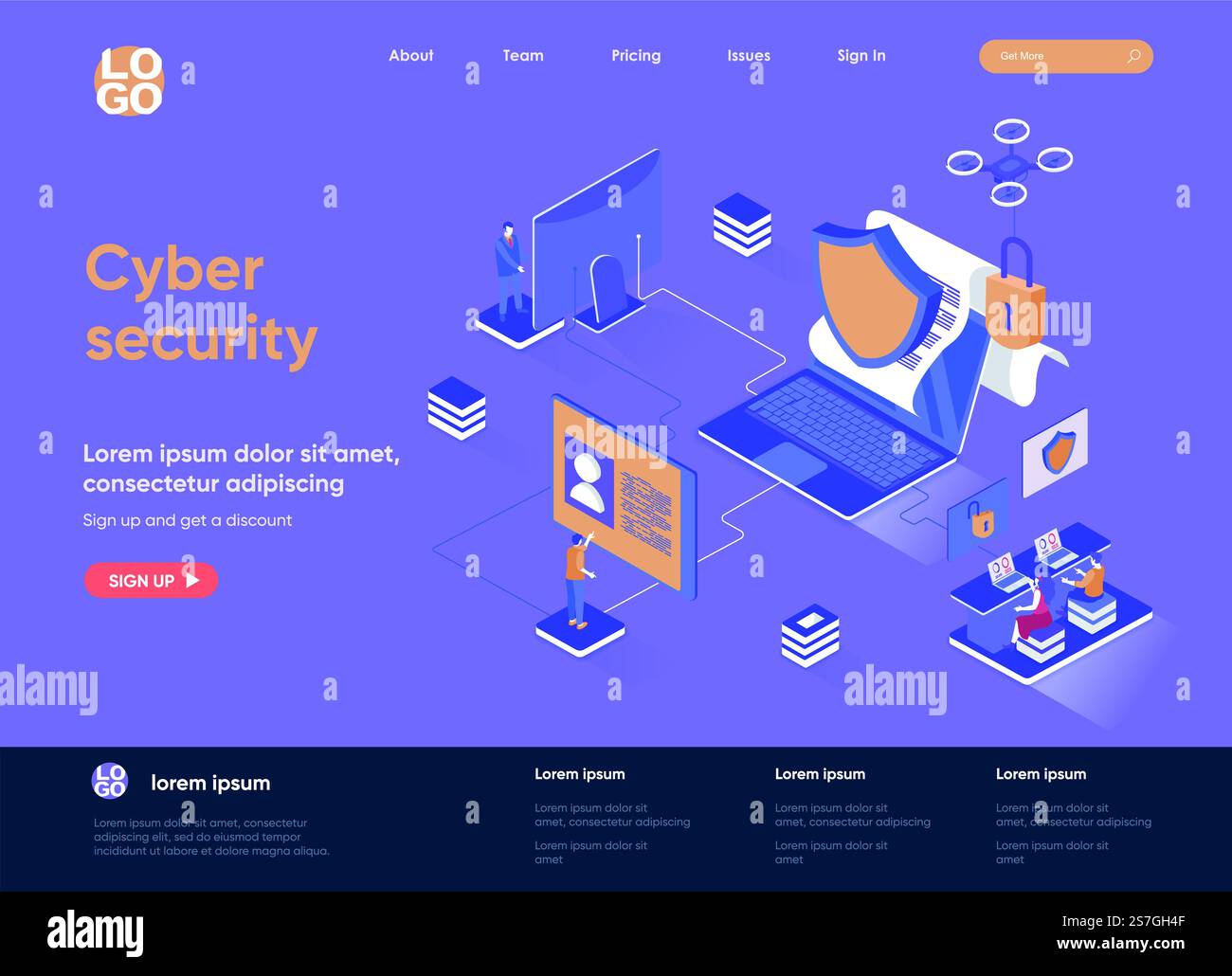 Cyber security isometric landing page. Internet privacy, password access, firewall software and ...