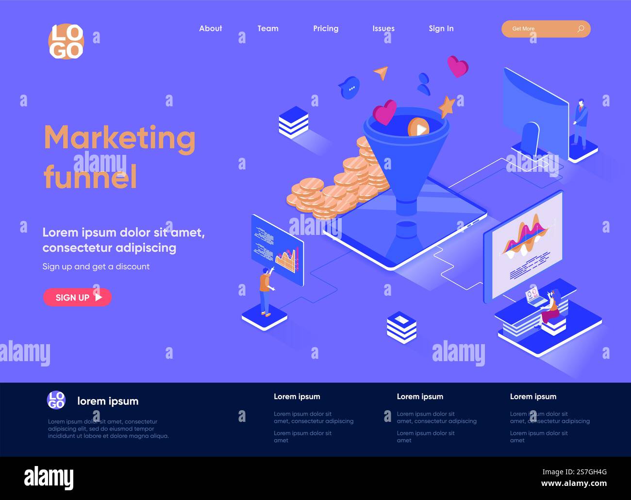 Marketing funnel isometric landing page. Marketing research and ...