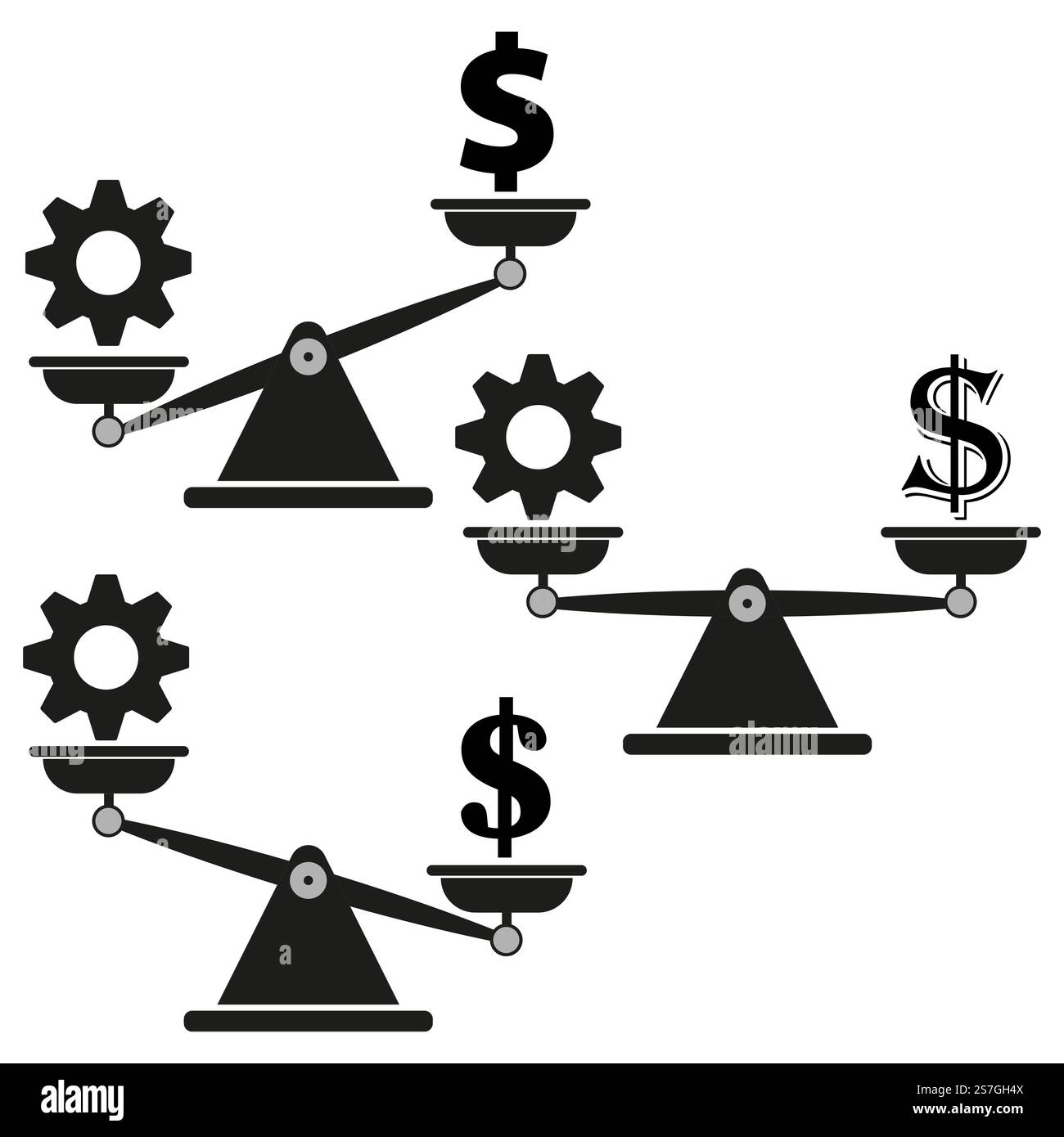 Scales with gears. Dollar value balance. Mechanical comparison icon ...