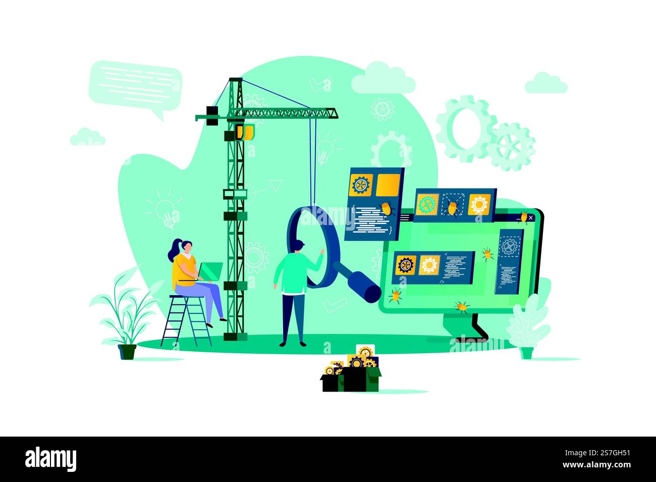Software Testing Concept In Flat Style Engineer Debugging Web
