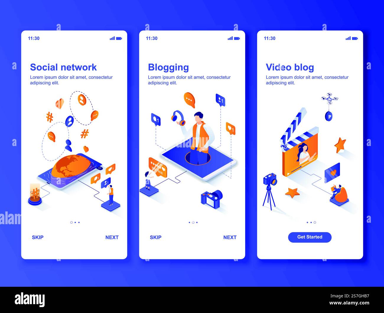 Social network content production isometric GUI design kit. Blogging ...