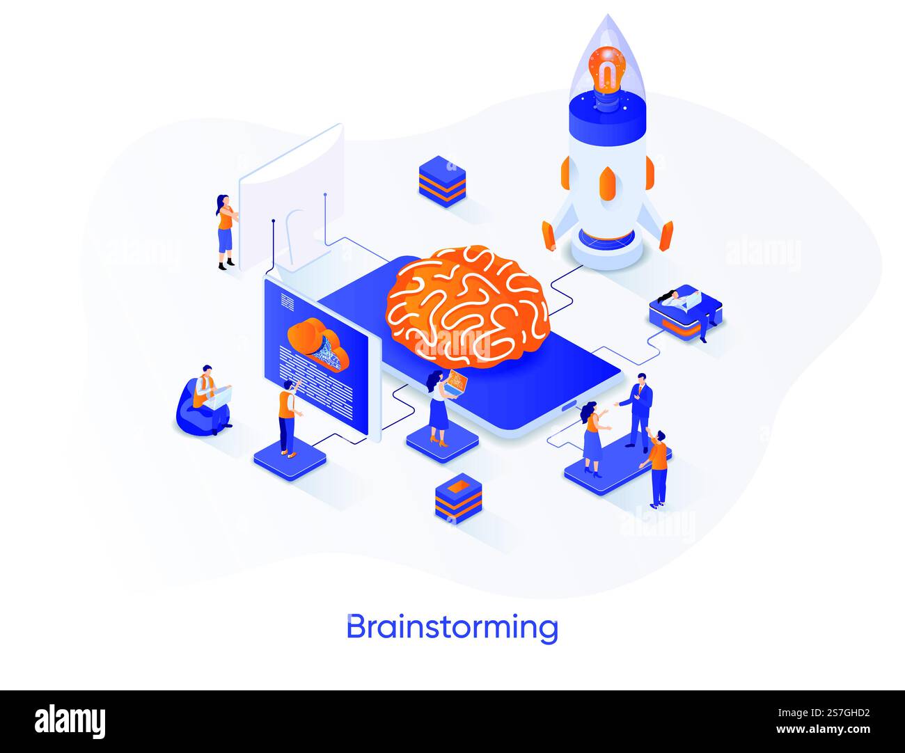 Brainstorming isometric web banner. Innovative idea generation isometry concept. Teamwork ...