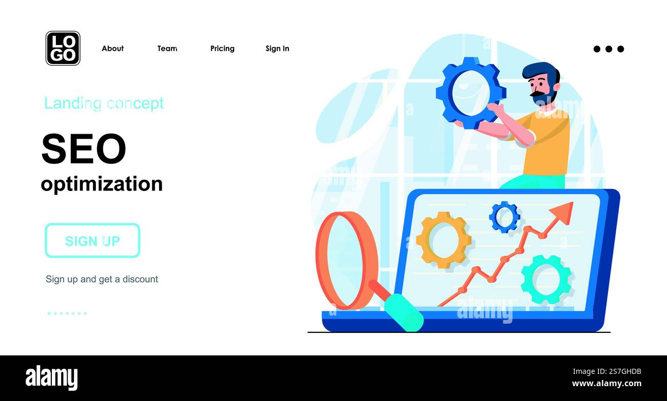 Seo optimization web concept. Man making search settings, increase website traffic, page ...