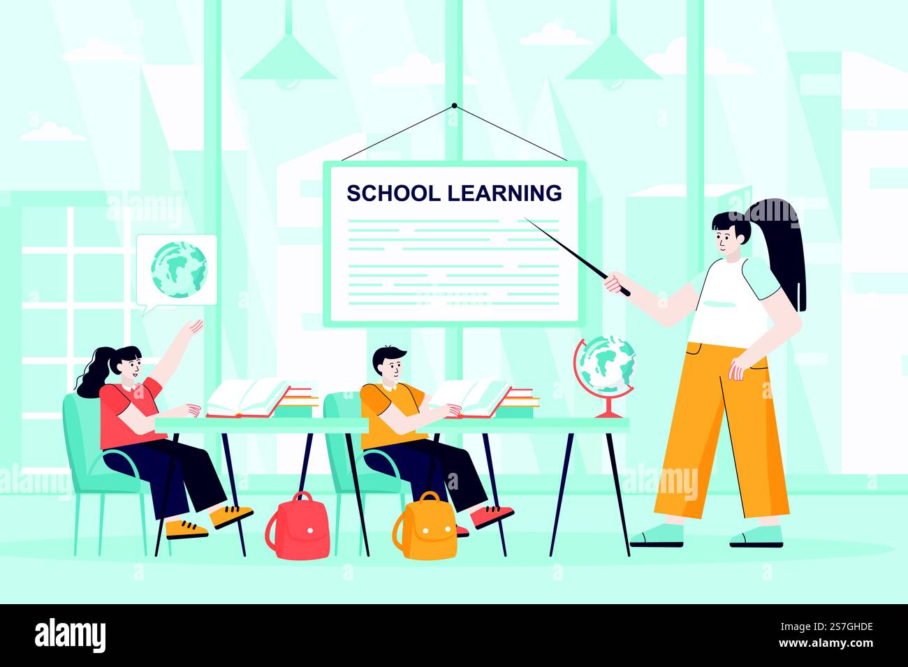 School learning concept in flat design. Pupils in lesson at classroom ...