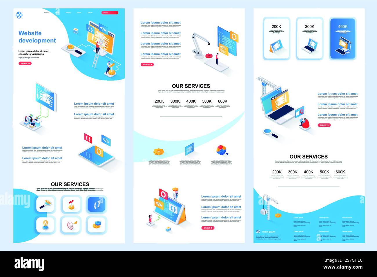 Website development isometric landing page. Full stack engineering, construct corporate website ...