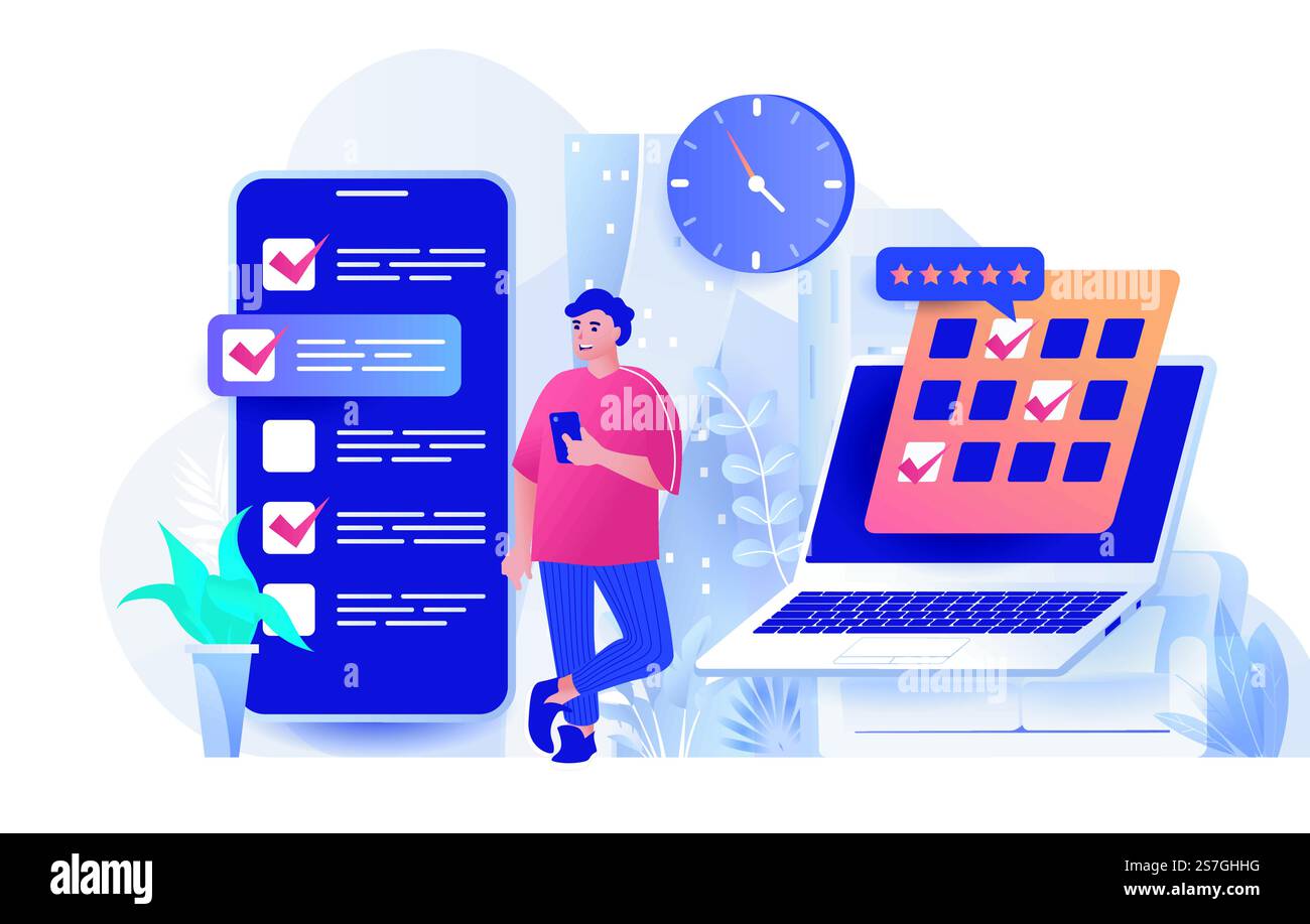 Planning concept in flat design. Time management scene template. Man ...