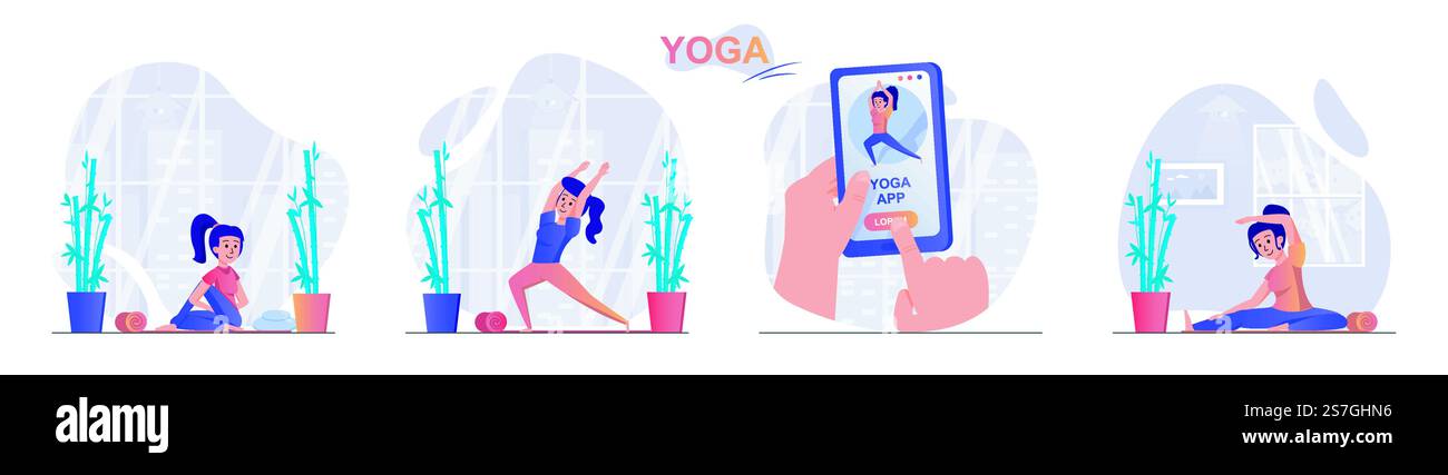 Yoga concept scenes set. Woman doing asanas, using mobile app for ...
