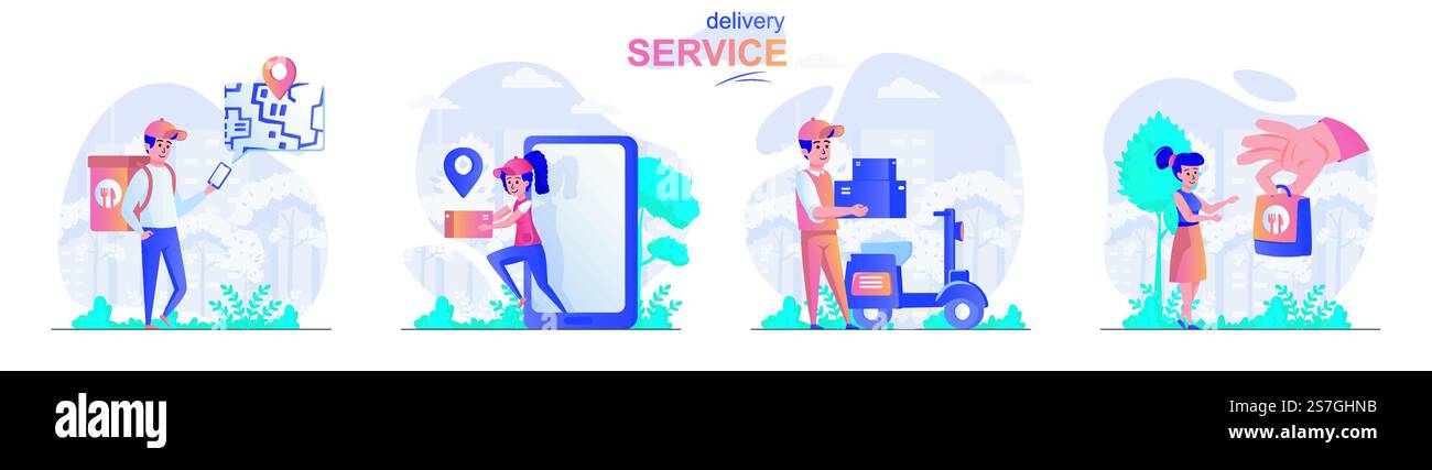 Delivery service concept scenes set. Courier delivers order to home ...