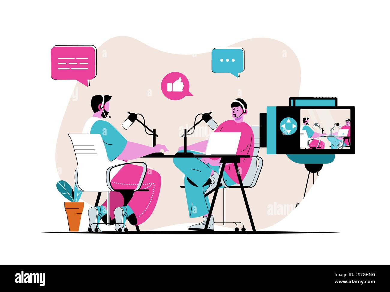 Podcast streaming concept isolated. Radio presenters talk into ...