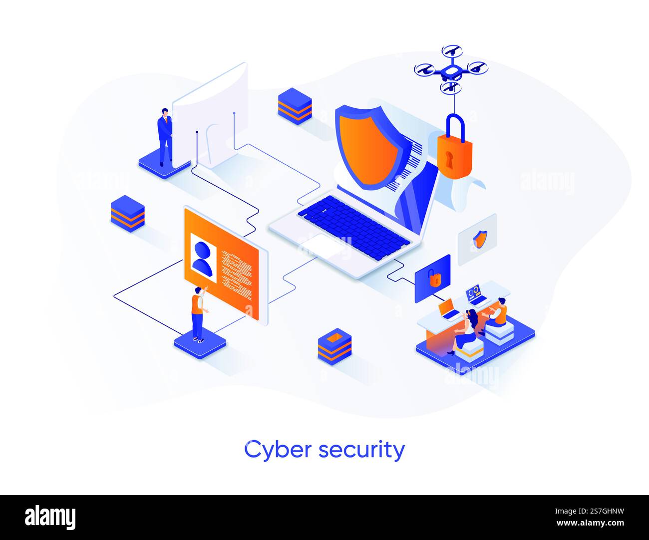 Cyber security isometric web banner. Network and data protection ...