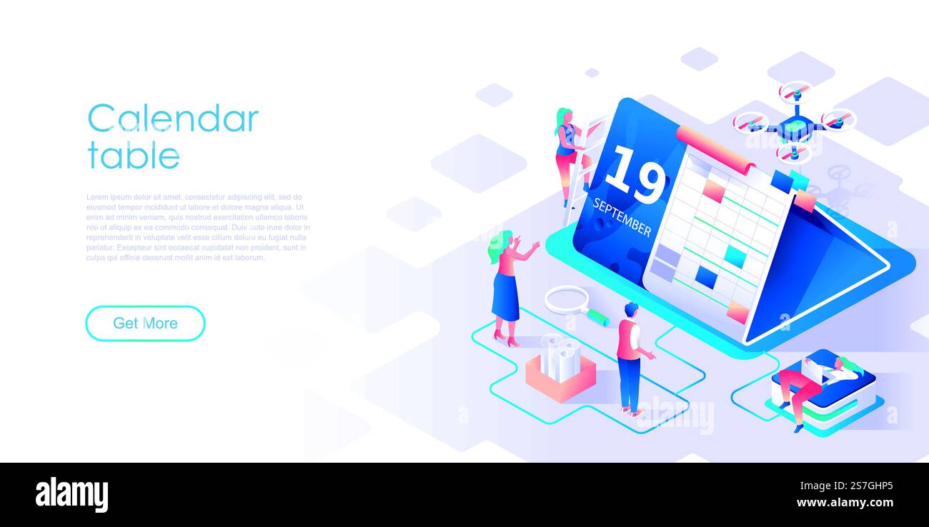 Calendar table isometric landing page vector template. Effective ...