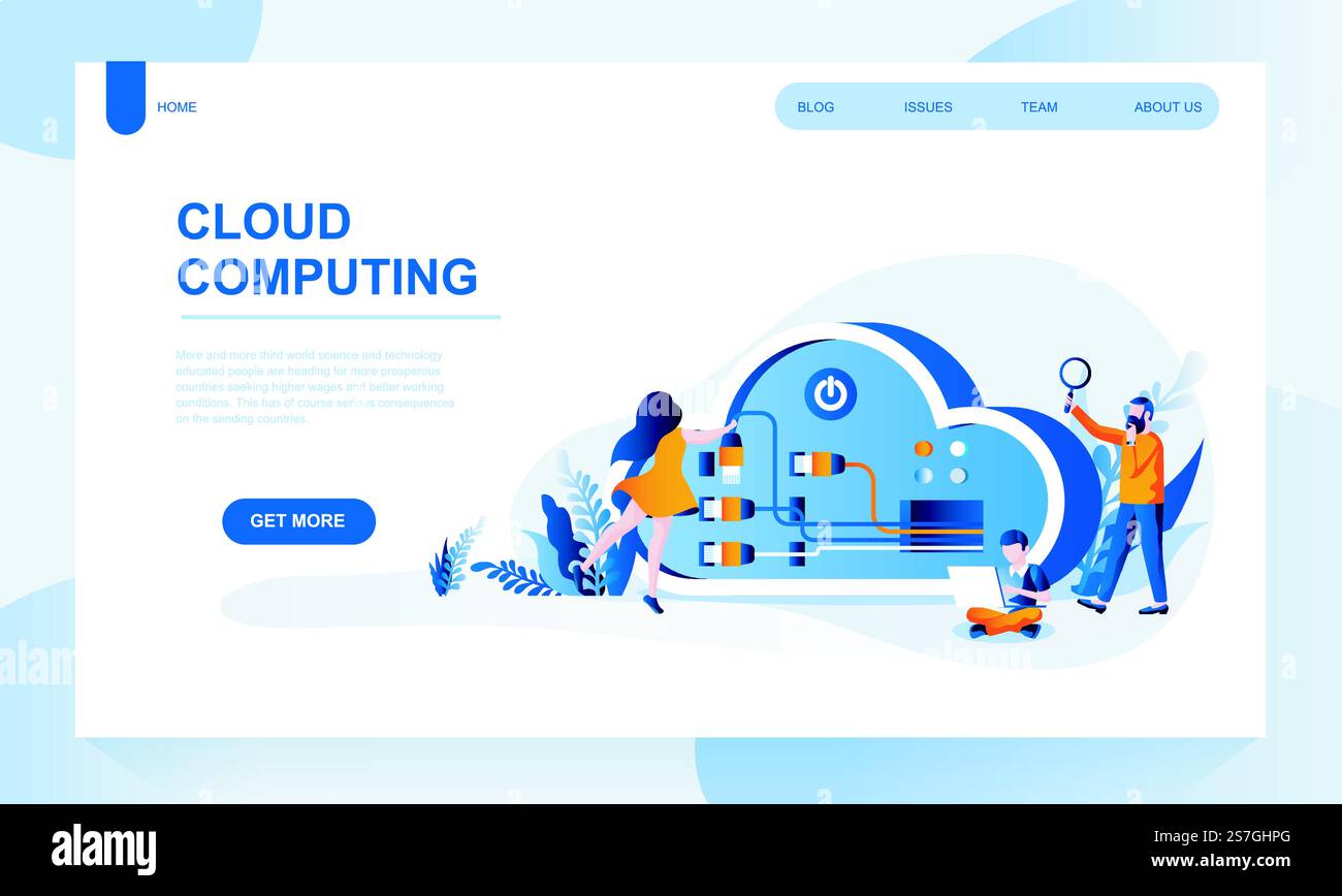 Cloud computing vector landing page template with header. Data storage web banner, homepage ...