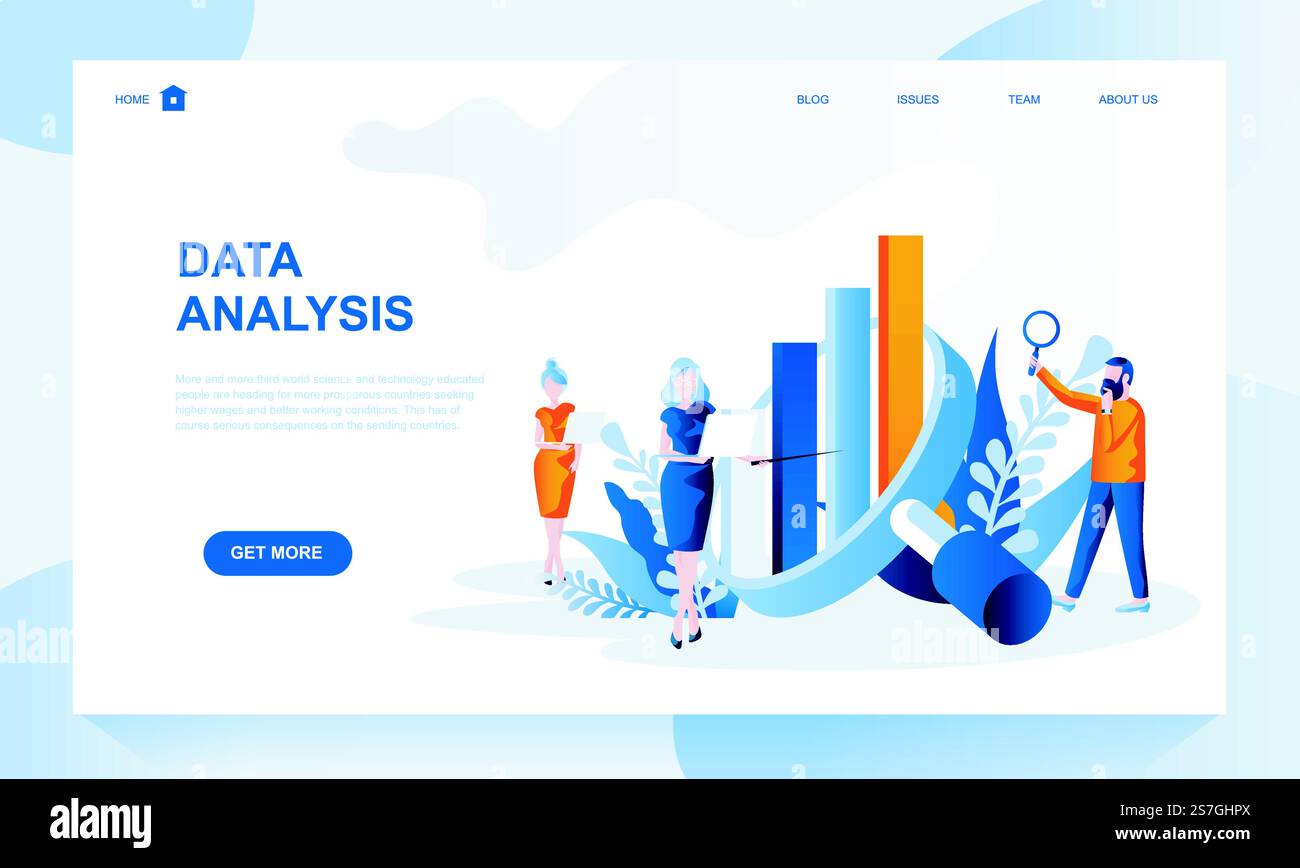 Data analysis vector landing page template with header. Information ...