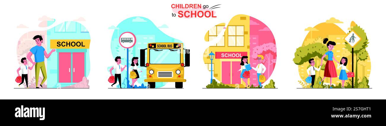 Children go to school concept scenes set. Parents take their children ...