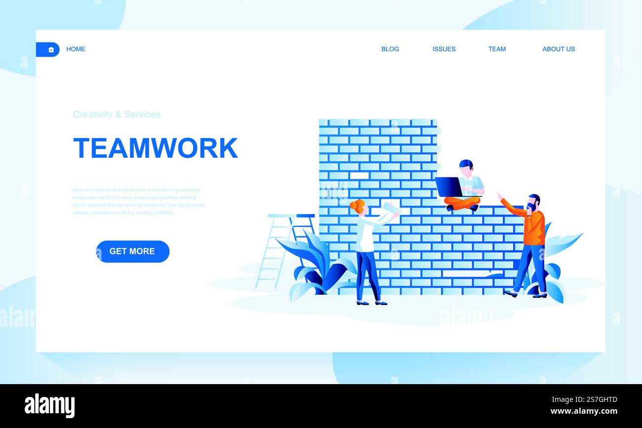 Teamwork flat landing page template with header. Business partnership ...