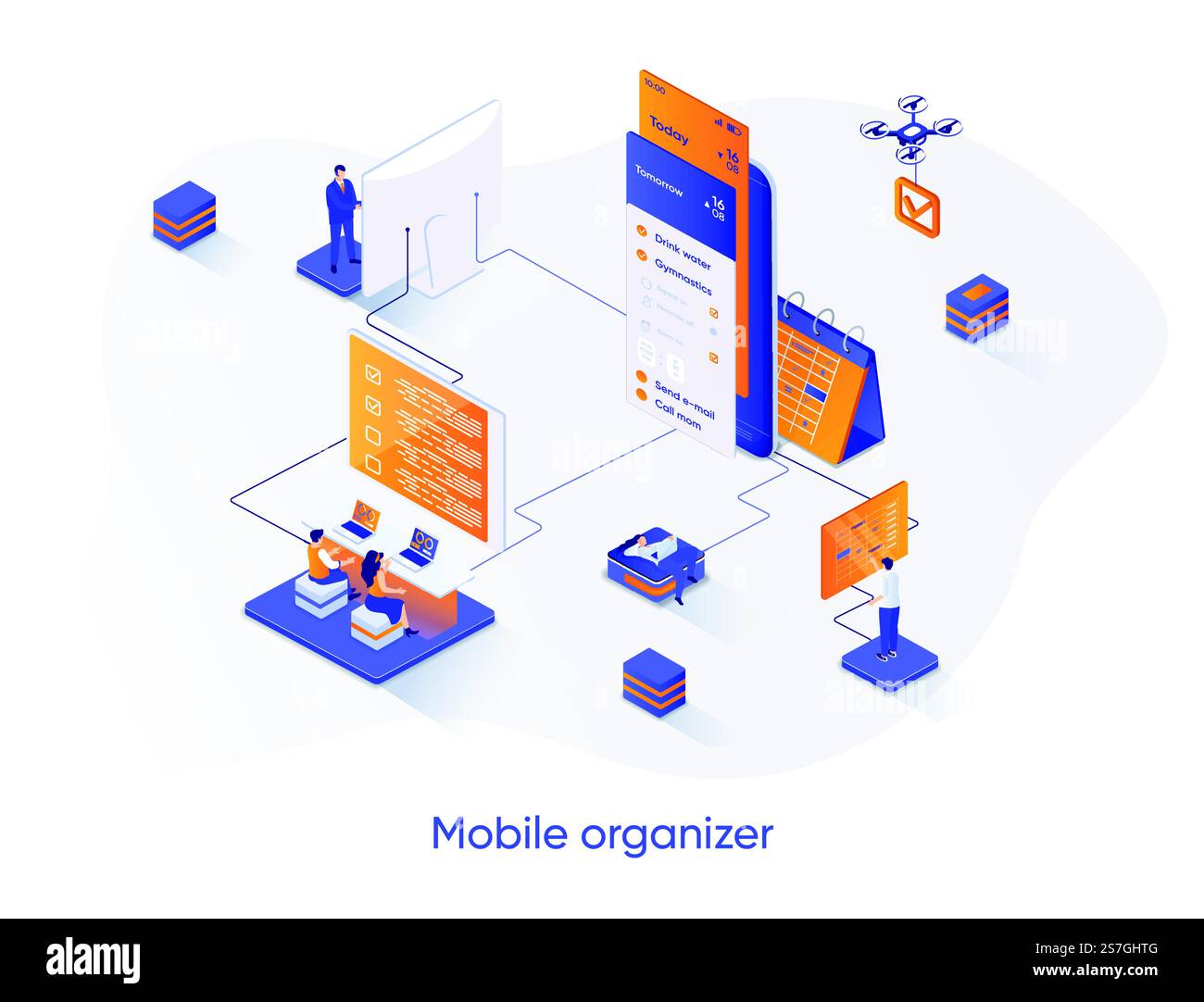 Mobile organizer isometric web banner. Mobile application for business ...