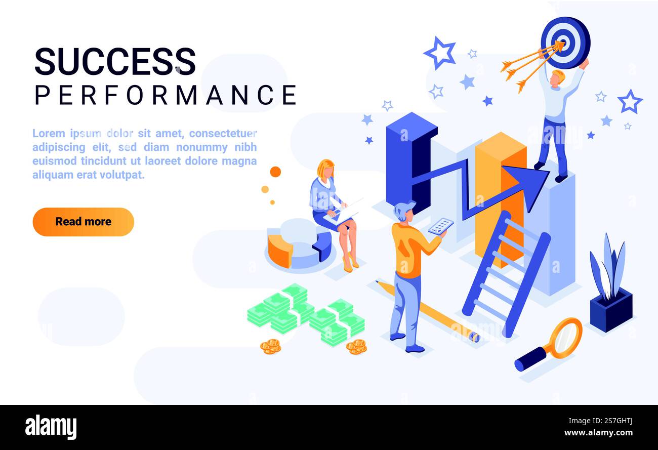 Success performance landing page vector template with isometric ...
