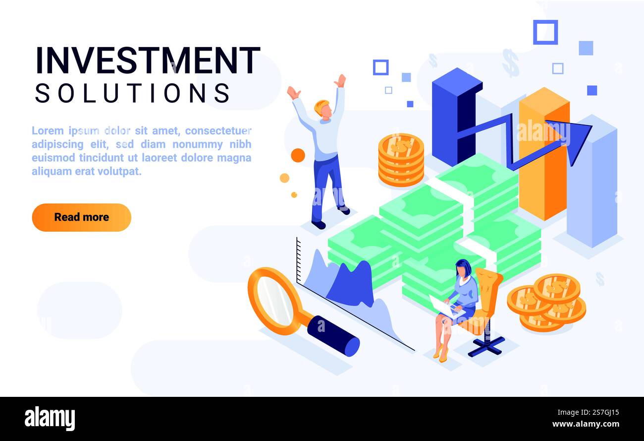 Investment solutions landing page vector template with isometric ...