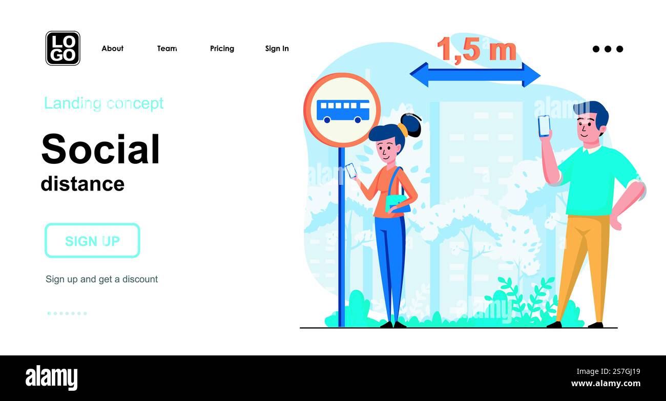 Social distance web concept. Man and woman keep their distance at bus ...