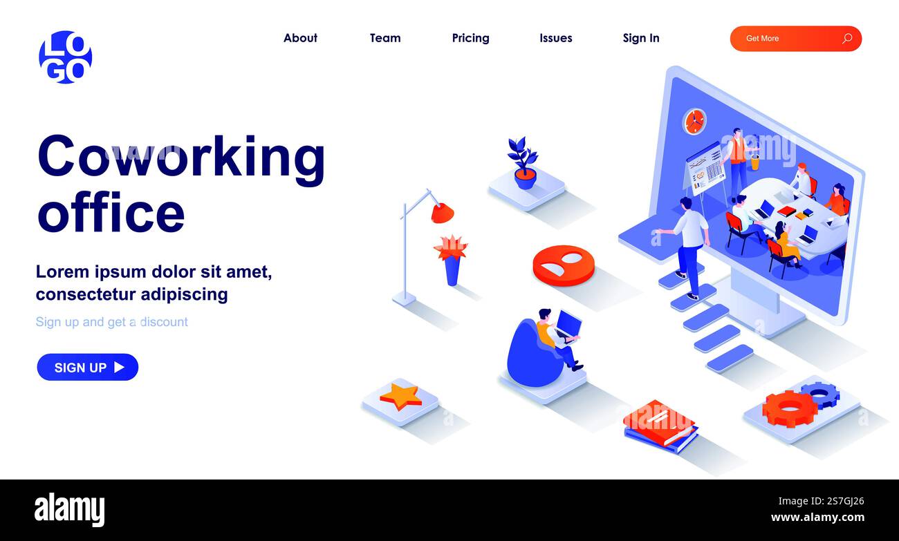 Coworking office isometric landing page. Colleagues work in open space isometry concept. Company ...