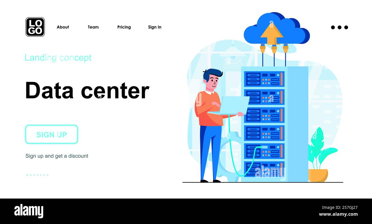 Data server web concept. Technician works in server room racks. Cloud ...