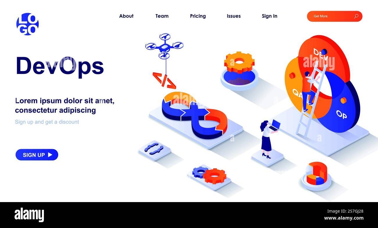 DevOps isometric landing page. Development operations isometry concept. Developers team works ...
