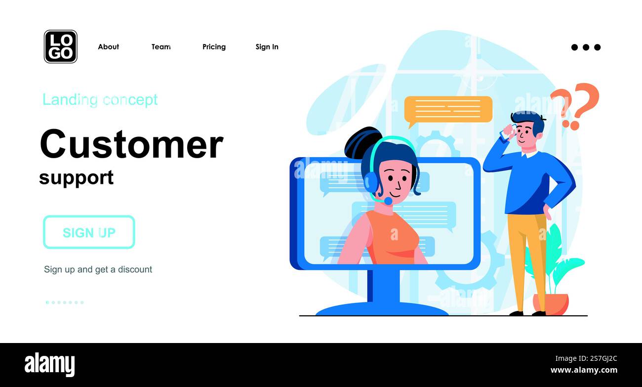 Customer support web concept. Man calls tech support. Hotline operator ...