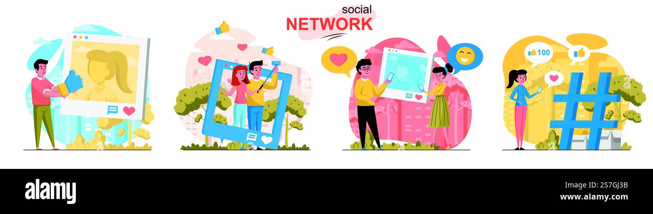 Social network concept scenes set. Man and woman take selfie, post ...