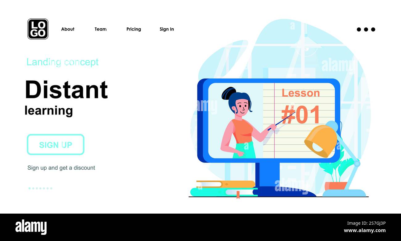 Distant learning web concept. Online training from computer. Teacher ...