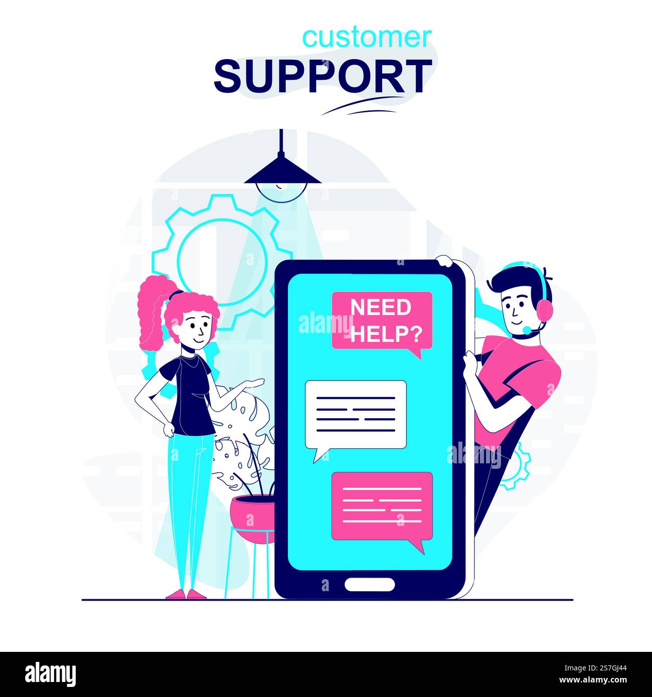 Customer support isolated cartoon concept. Woman writes chatting with ...
