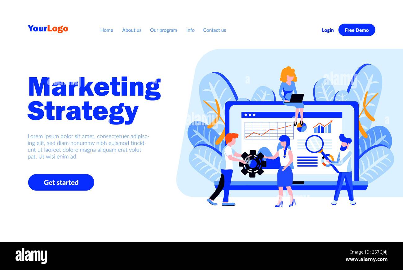 Marketing strategy vector landing page template with header. Market ...