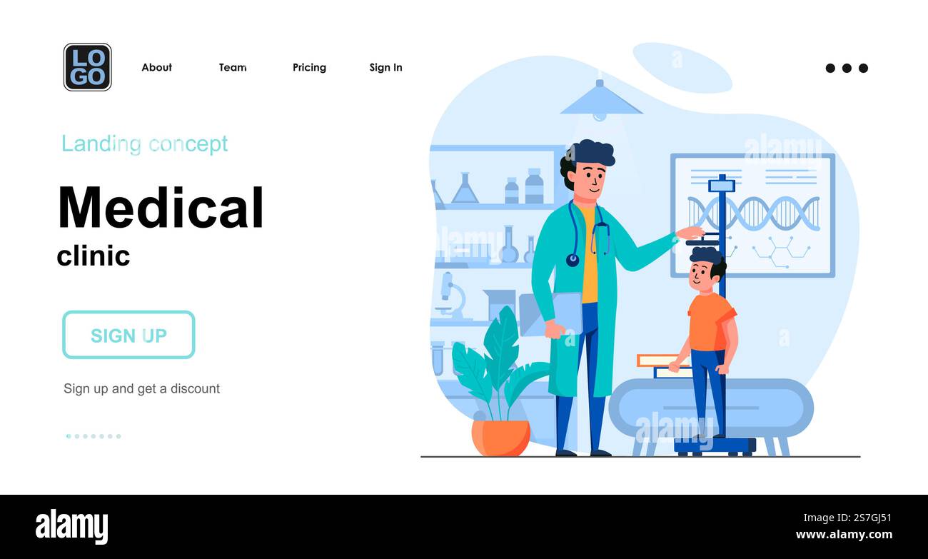 Medical clinic web concept. Pediatrician measures boy height at office ...