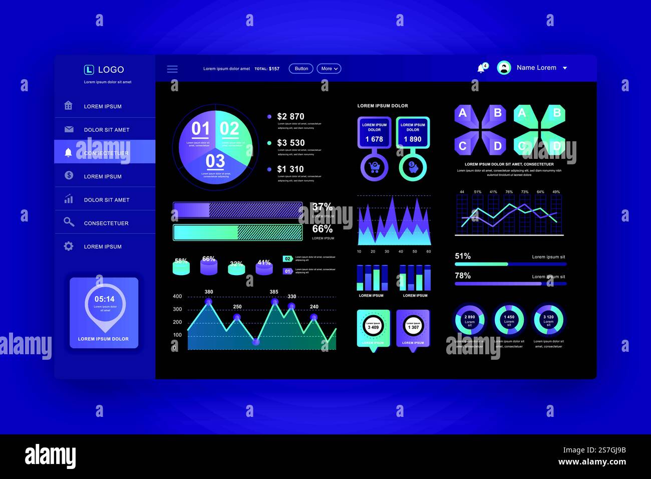 Dashboard UI. Admin panel vector design template with infographic ...