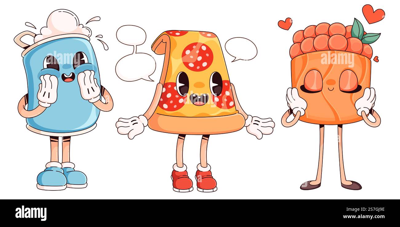 Retro fast food characters set isolated on white. Contemporary vector ...