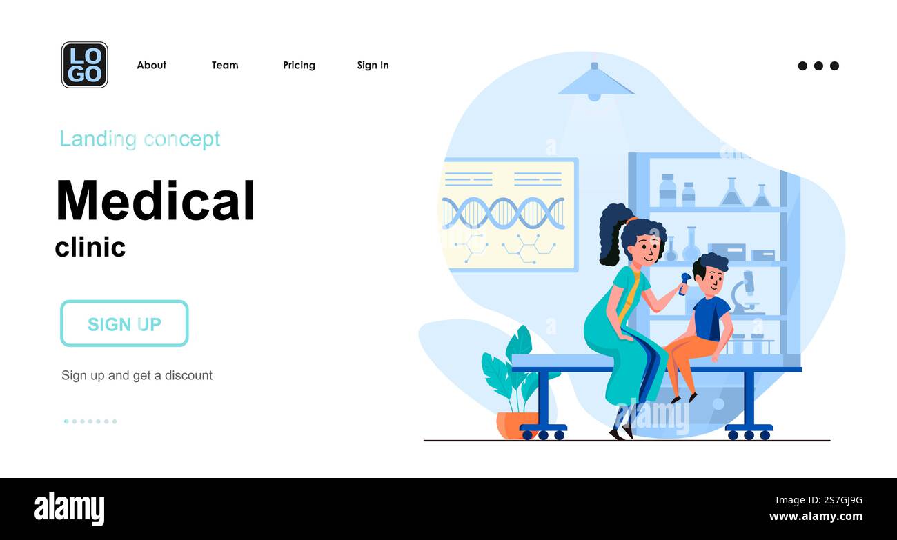 Medical clinic web concept. Pediatrician measures temperature of boy ...