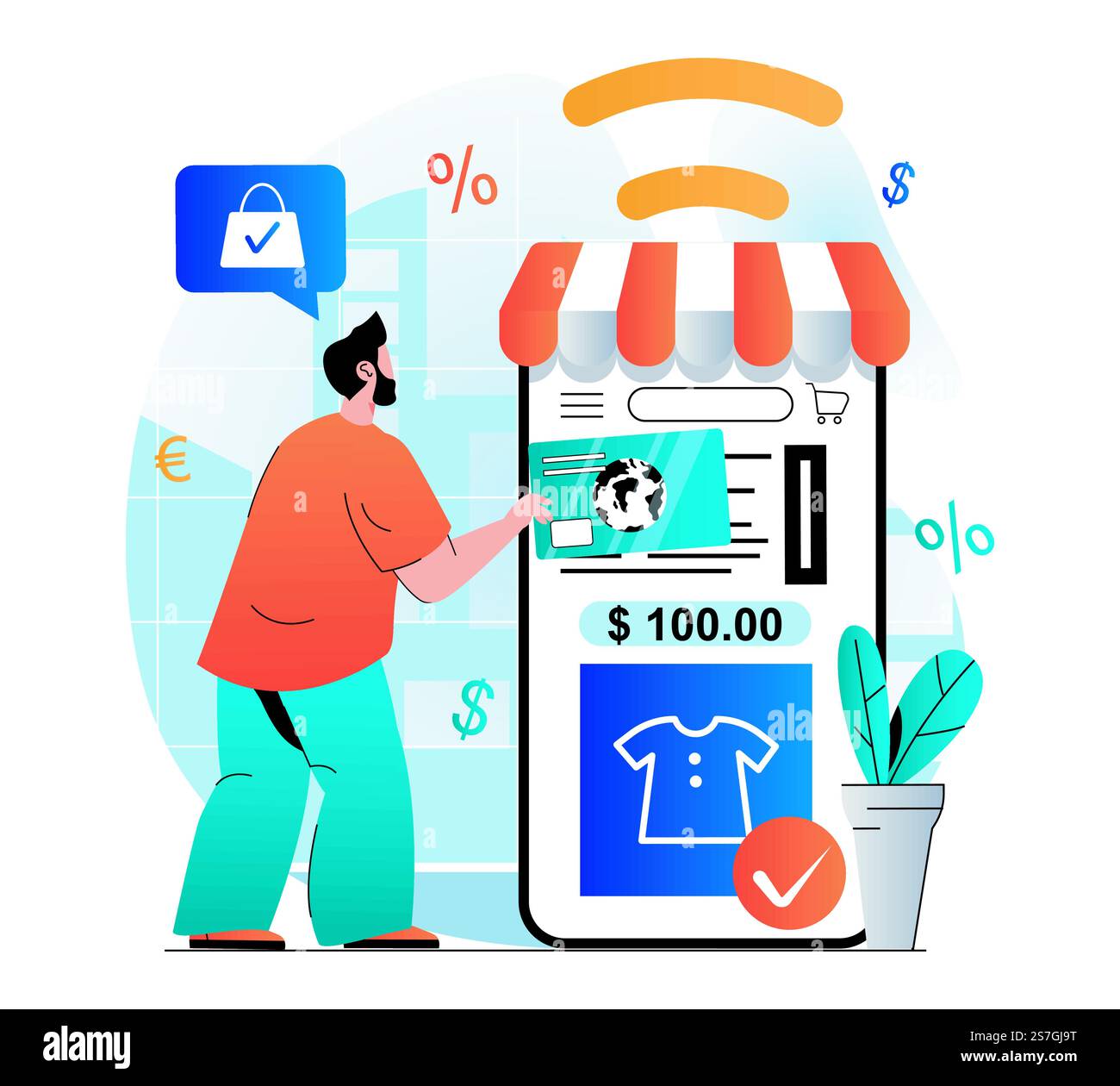 Online shopping concept in modern flat design. Man pays check for ...