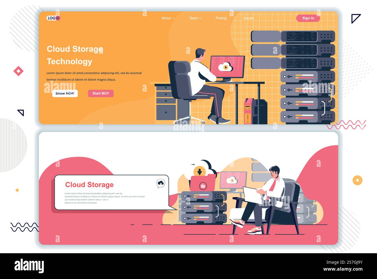 Cloud storage landing pages set. Hosting provider, cloud storage management corporate website ...